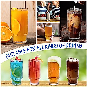 Naeety 16OZ Ribbed Glassware, Ribbed Glass Cups with Straws, Drinking Glasses Set of 4, Vintage Fluted Glassware for Cocktail Whiskey Glasses, Iced Coffee Cup Aesthetic Cup for Gifts
