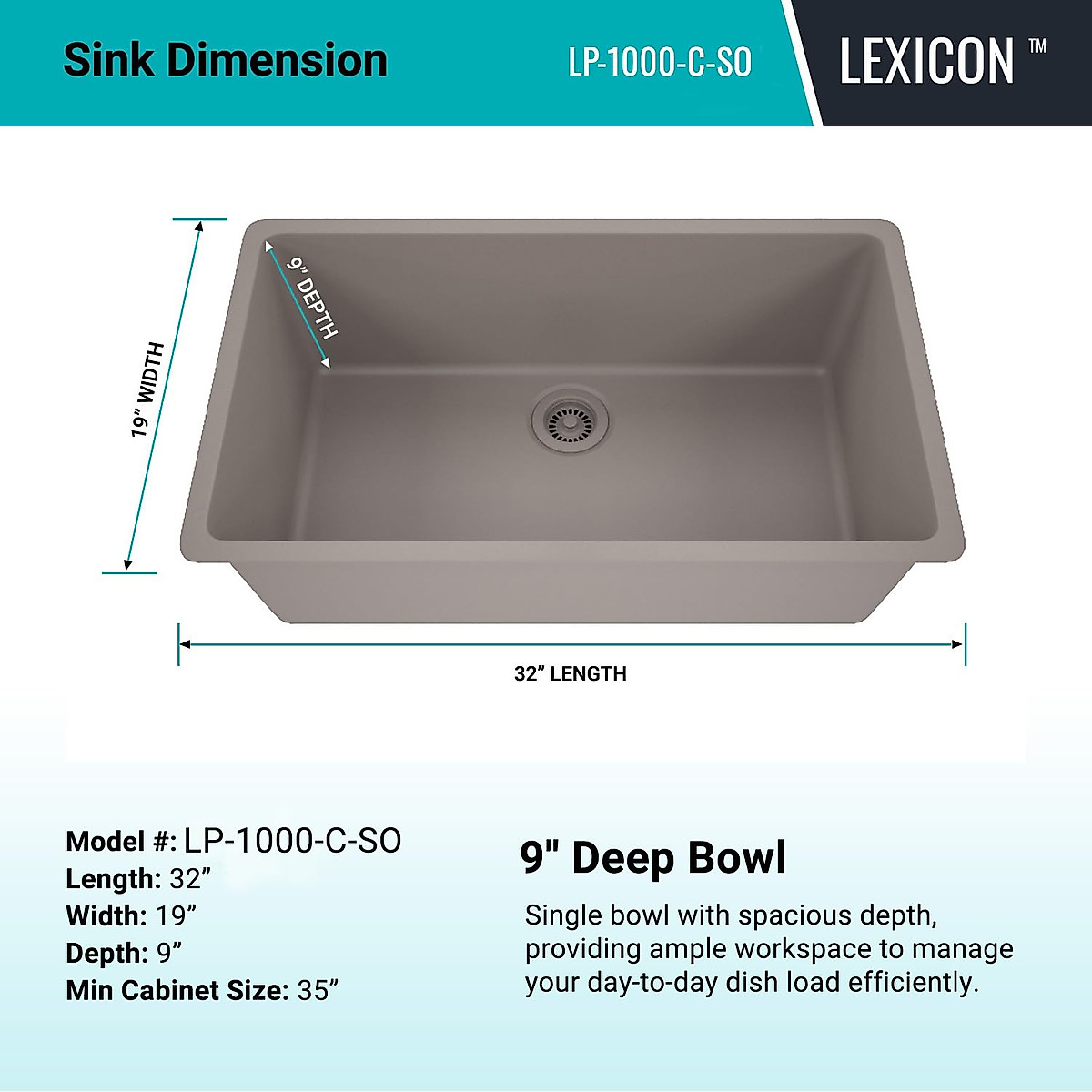 32" x 19" Quartz Kitchen Sink, Single Bowl Kitchen Sink, Large kitchen sink,Drop in Kitchen Sink, Granite Composite Kitchen Sink, Undermount Sink, Galaxy Concrete kitchen Sink, LP-1000-C-SO