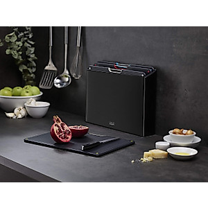 Joseph Joseph Folio 4-Piece Color coded Cutting Board Set, Steel Slimline Case for Organized Kitchen Storage, Large, Carbon Black