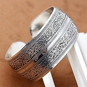 BODYA Tibeten Silver Carved Spiral Flower Connecting Branches Pattern Wide Band Open Cuff Bracelet Bangle for Adult