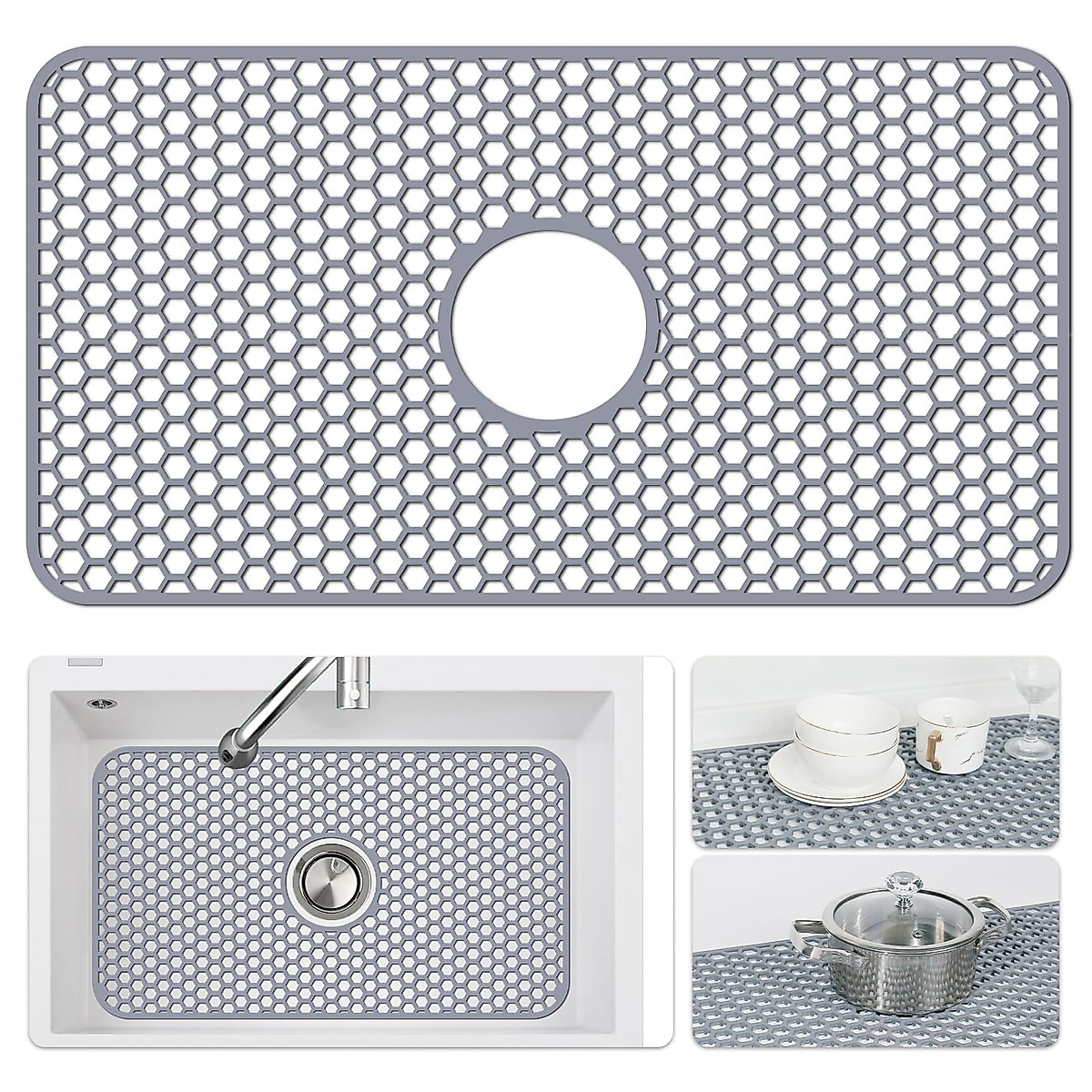 Bestjing Silicone Sink Mat - Protectors for Kitchen Sink with Center Drain, 26"x 14" Kitchen Sink Grid, Non-Slip Heat-Resistant Sink Mat for Bottom of Farmhouse Stainless Steel Sink (Center Hole)