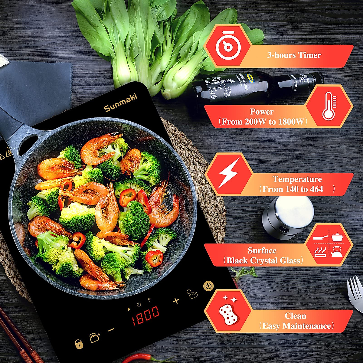 Sunmaki Induction Cooktop,induction hot plate with LED Display,1800W Countertop Burner Portable Black Crystal Glass Surface 10 Temperature 9 Power Setting&3h Timer for Cooking 1