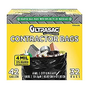 Ultrasac Extra Heavy Duty Contractor Bags - 42 gallons 4 Mil (32 Pack w/Ties) - 33" x 48" Extremely Thick and Tough Professional Trash Bag for Construction, Commerical, Industrial, Yard, Outdoor use