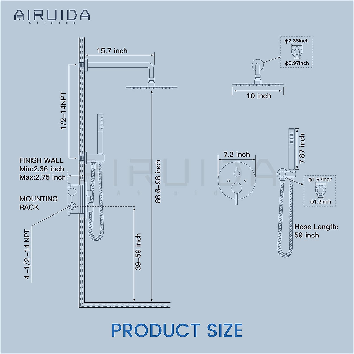 Airuida Shower Fixtures Matte Black 2 Functions 10 Inches Round Rainfall Shower Head and High Pressure Brass Shower Handheld Mixer Bathroom Wall Mount Shower System with Rough-in Valve