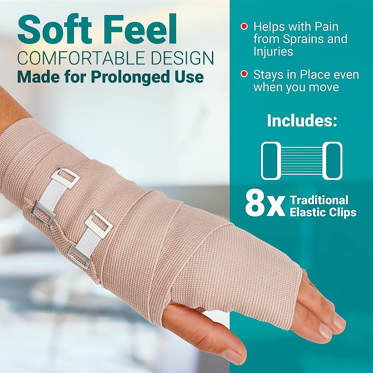 MEDca Elastic Compression Bandage Wrap - First Aid Bandages Roll Measures 2", 3", 4", 6" x 5 Ft with 4 Extra Hooks - Athletic Sports Stretch Wraps for Ankle, Wrist, Arm & Leg Sprains (Pack of 8)