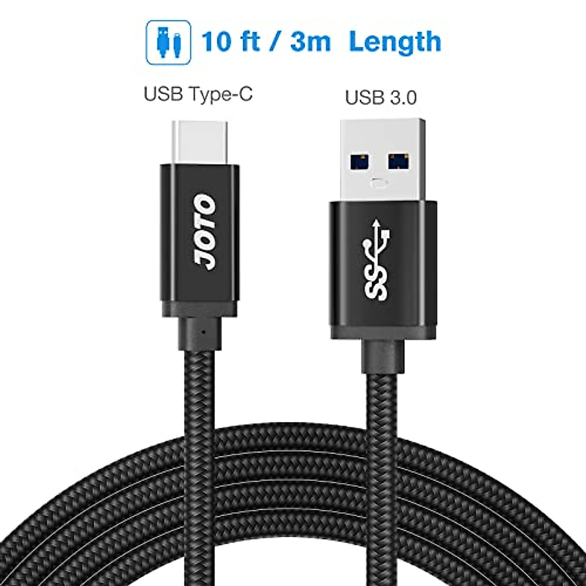 JOTO Type C Cable Extra Long 10ft, USB-C 3.1 Type-C to USB 3.0 Type A Charging Data Cable Heavy Duty Nylon Braided for iPad Pro 12.9/11 Galaxy Ultra S20+ S10 S9 Note 10 9 Tab S4 Nintendo Switch -Black