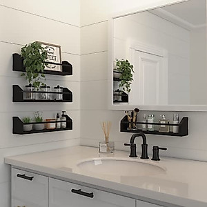 WOPITUES Floating Shelves with Protective Metal Rail, Small Bathroom Shelves Set of 4, Spice Rack Wall Mount, Wood Shelves for Kitchen, Living Room, Bedroom, Nursery Book- Modern Black