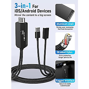 Compatible with iPhone to HDMI/USB C to HDMI/Micro USB to HDMI Cable, 3-in-1 MHL hdmi Phone to TV HDMI Cable, 1080P Mirroring&Charging Cable for All Smartphones Tablets to TV/Projector(3.28FT/1M)