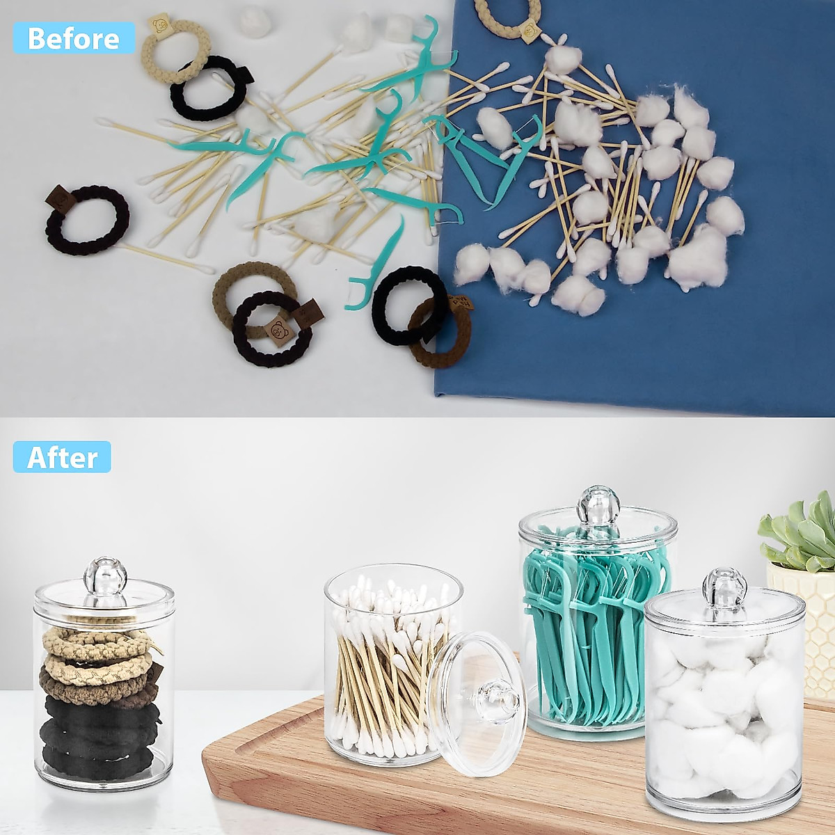 SZHLUX 4-Pack Qtip Holder Dispenser for Floss Picks, Cotton Swabs, Cotton Balls, Cotton Rounds - Small Clear Plastic Storage Jars Set for Bathroom Organization, Vanity Makeup Organizer