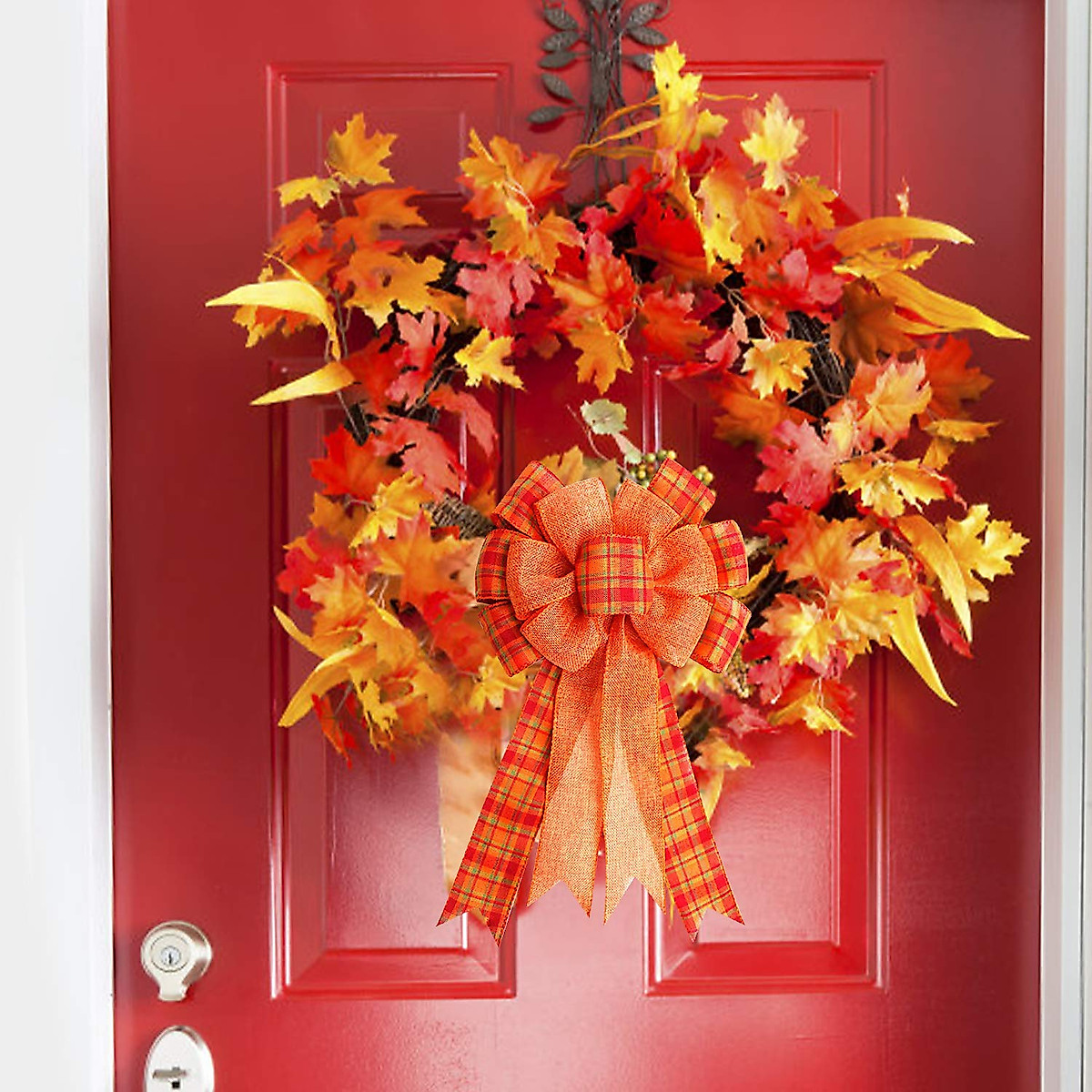 3Pcs Large Fall Thanksgiving Wreath Gift Bow -18.8x10.6inch Orange Buffalo Plaid Check Wreath Swag Bow Wreath Pre-Tied Bow for Fall, Thanksgiving, Christmas, Home Indoor Outdoor Ornaments