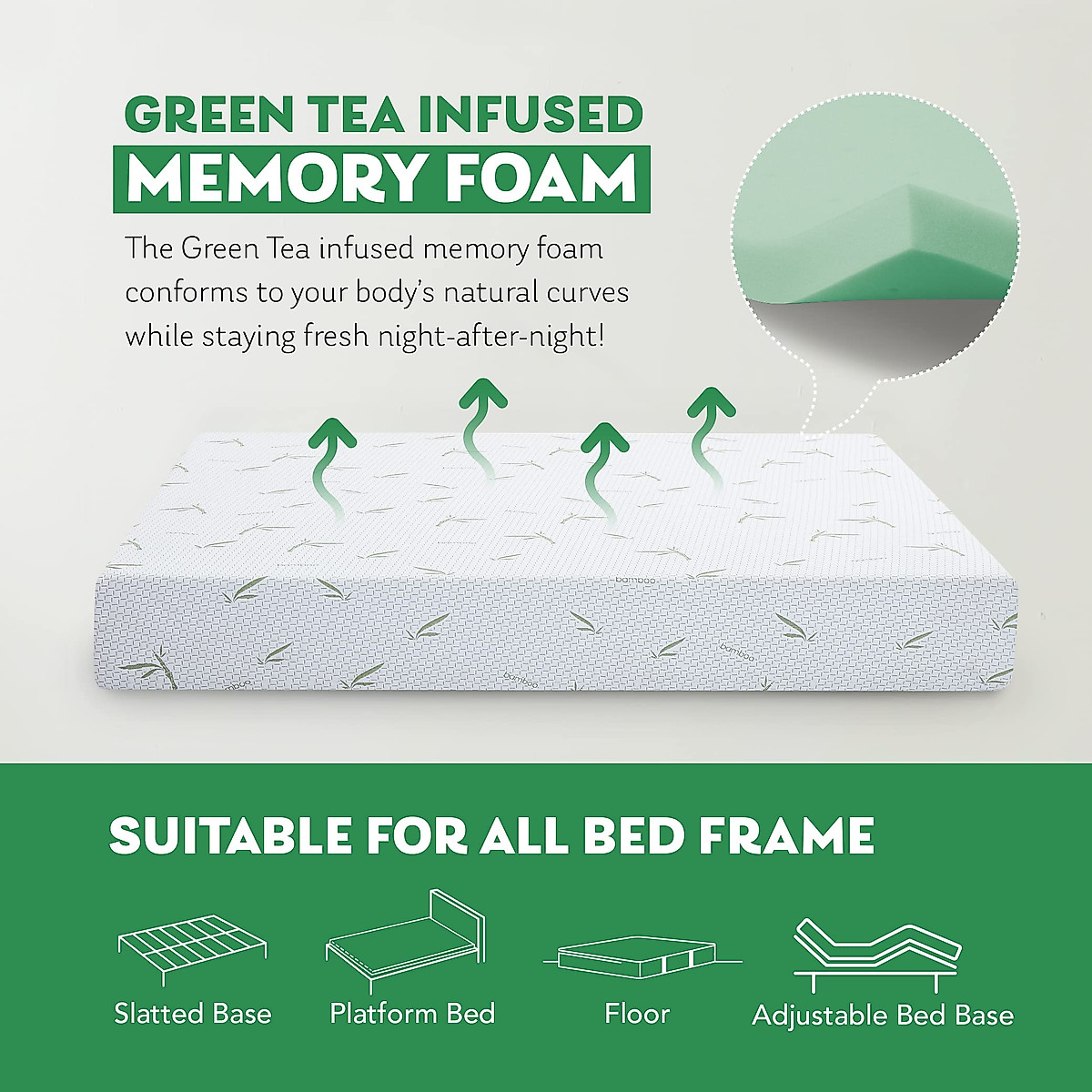 Coolsence Twin Cool Gel Memory Foam Mattress Bed in a Box 10 Inch, CertiPUR-US Certified Bamboo Cover Green Tea Mattress Made in USA, Medium Firm, 38”x75”x10”