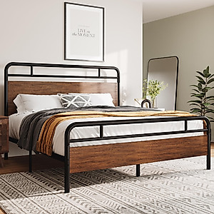 Allewie Queen Size Platform Bed Frame with Wooden Headboard and Footboard, Heavy Duty 13 Metal Slats Support, Under Bed Storage, No Box Spring Needed, Noise Free, Easy Assembly, Walnut
