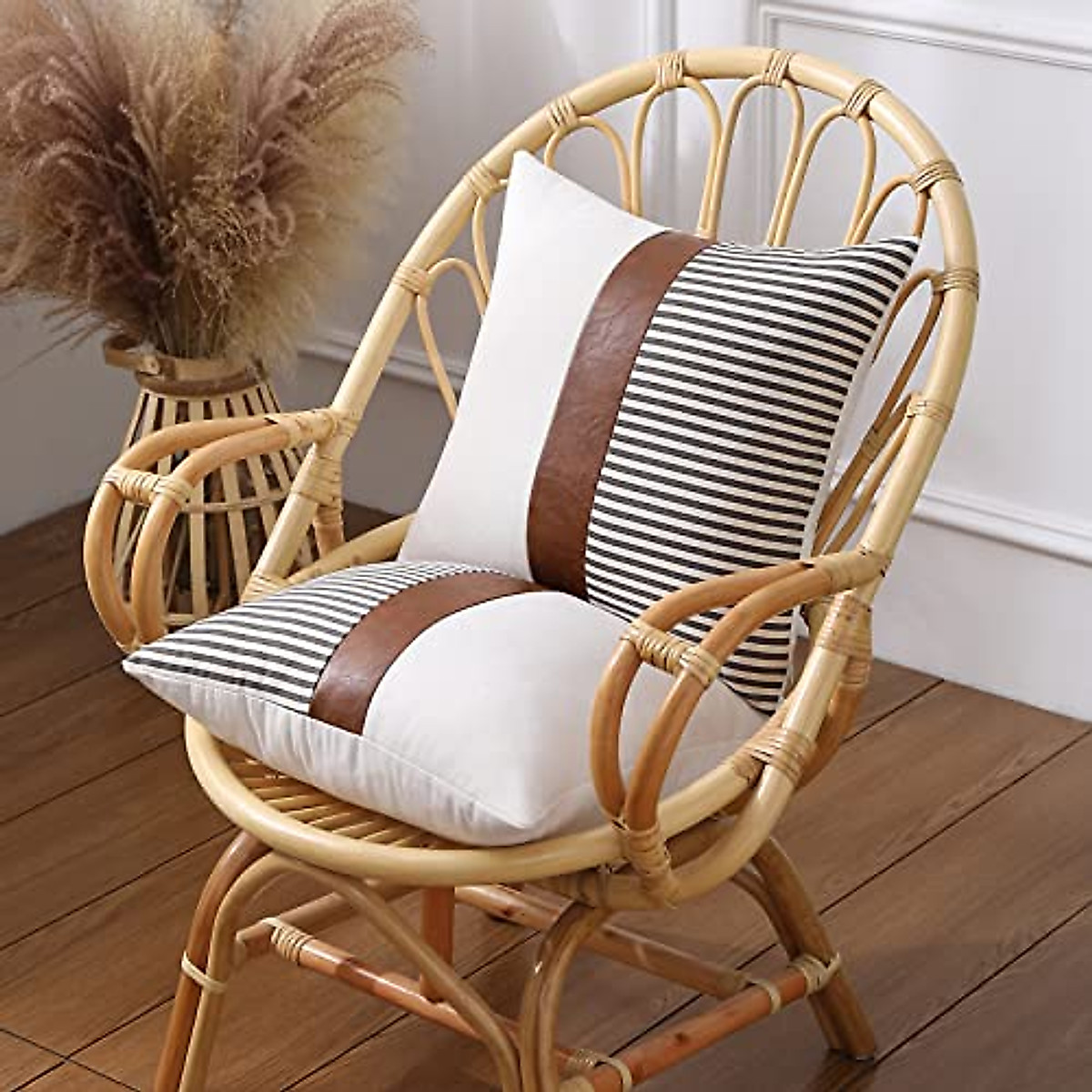 Mecatny Boho Throw Pillows 18x18 Set of 2 - Farmhouse Decorative Throw Pillows with Inserts Included - Brown Faux Leather Modern Stripe Patchwork Linen Accent Throw Pillows for Couch Bed Sofa, Grey