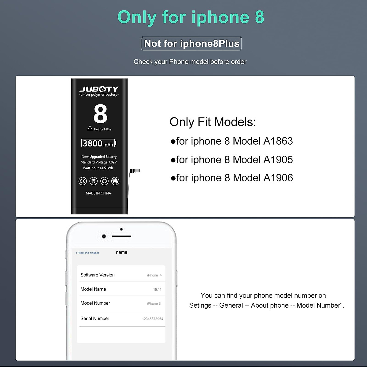 JUBOTY 3800mAh Battery for iPhone 8, Li-ion Internal New Upgrade 0 Cycle High Capacity Replacement Battery for iPhone 8 Model A1863 A1905 A1906 with Professional Repair Tool Kit