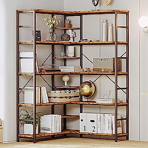 IRONCK Industrial Bookcases and Bookshelves, 5-Tiers Corner Bookcase with Curved Panels, L Shaped Shelf with Metal Frame for Open Storage for Living Room Home Office