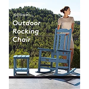SERWALL Outdoor Rocking Chair, HDPE Poly Rocking Chair for Adults, All Weather Heavy Duty Front Porch Rocker, Blue