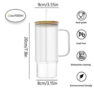 erichbow 32oz Ribbed Glass Cup with Handle Bamboo Lid and Straw, Glass Tumbler, Iced Coffee Cups Hot/Cold Drinks