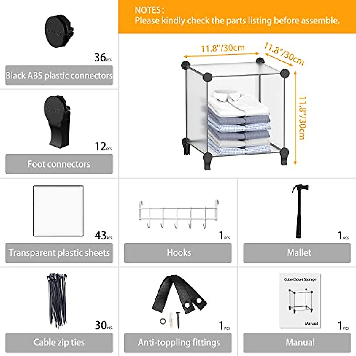 HOMIDEC Closet Organizer, 12-Cube Closet Organizers and Storage, Portable Closet Storage Shelves, Clothing Storage for Kids, Closet, Bedroom, Bathroom, Office (11.8x11.8x11.8 inch), Transparent