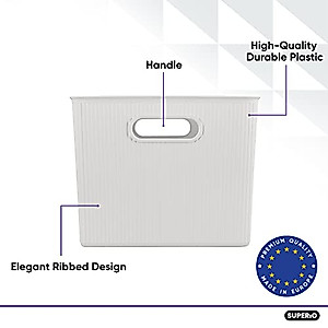 Superio Decorative Plastic Open Home Storage Bins Organizer Baskets, White & Lilac (Set of 2) 2 X-Large - Container Boxes for Organizing Closet Shelves Drawer Shelf - Ribbed Collection