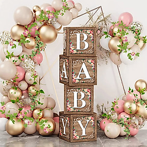 Floral Baby Shower Box Birthday Party Decoration Balloon Blocks First Birthday Centerpiece Decor for Girls Wood Grain Base Gender Reveal Party Supplies (Floral-Box-01)…