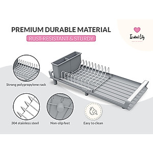 Isabel Lily Dish Drying Rack - Space-Saving Kitchen Organizer with Drainboard & Detachable Utensil Holder - Rust-Proof Stainless Dish Washer Dryer Rack