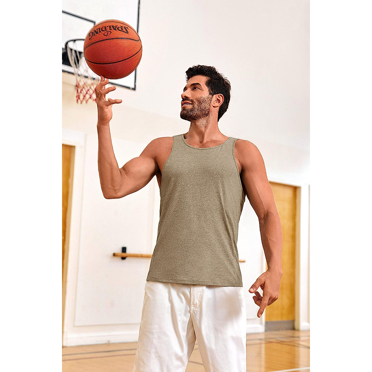 ZIWOCH Mens Workout Stringer Tank Tops Gym Muscle Sleeveless Cotton Shirt Training Bodybuilding Vest Khaki