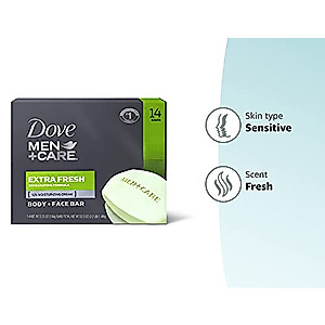 Dove Men+Care Bar 3 in 1 Cleanser for Body, Face, and Shaving to Clean and Hydrate Skin Extra Fresh Body and Facial Cleanser More Moisturizing Than Bar Soap 3.75 oz 14 Bars