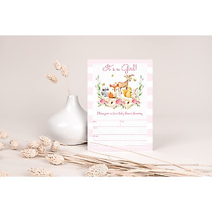 Your Main Event Prints Pink Woodland Baby Shower Invitations, Forest Animal Baby Shower Invitations for girl, with Bear, Raccoon, Deer, Baby Sprinkle, 20 Fill in Invitations and Envelopes
