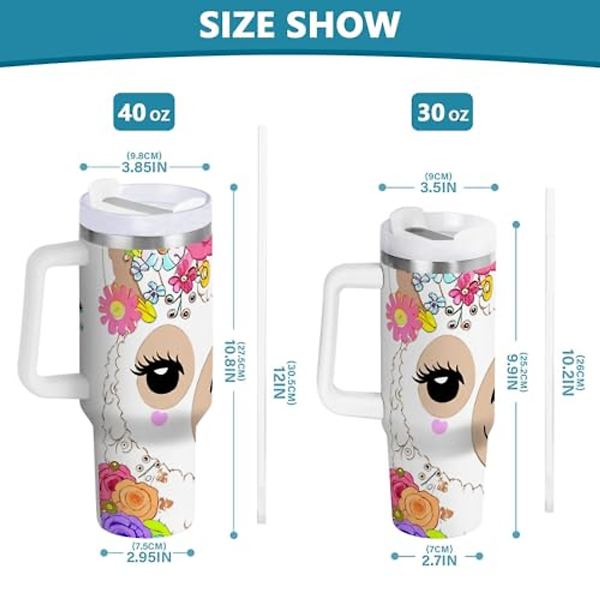 ODAWA 30 Oz Llama Floral Stainless Steel Vacuum Insulated Tumbler with Straw and Handle