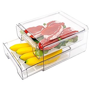 MANO Stackable Refrigerator Drawers Pull Out Bins Double Layer Fridge Organizer Refrigerator Organizer Box Clear Plastic Food Storage Containers Set Produce Saver for Pantry, Freezer, Kitchen Cabinet