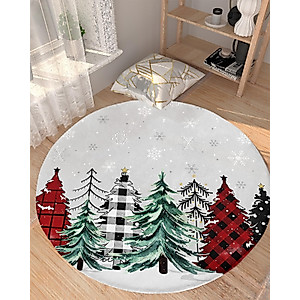 Christmas Fluffy Round Area Rug Carpets 3ft, Plush Shaggy Carpet Soft Circular Rugs, Non-Slip Fuzzy Accent Floor Mat for Living Room Bedroom Nursery Home Decor Plaid Pine Tree Red Green Dots Grey