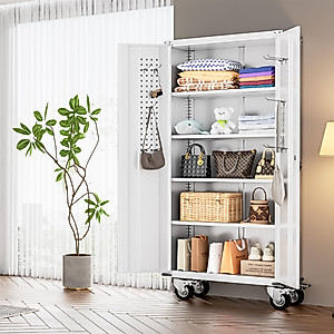 INTERGREAT 72" Metal Garage Storage Cabinet with Wheels, White Steel Locking Cabinet with 2 Adjustable Shelves and Doors, Rolling Metal Tool Cabinet for Home, Office, School, Garage