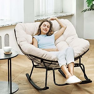 ABATIA Patio Rocking Chairs, Egg Chair Outdoor, Indoor Papasan Chair, Nursery Recliner Chair，Modern Chair for Living Room Porch Garden Lawn (Ivory)