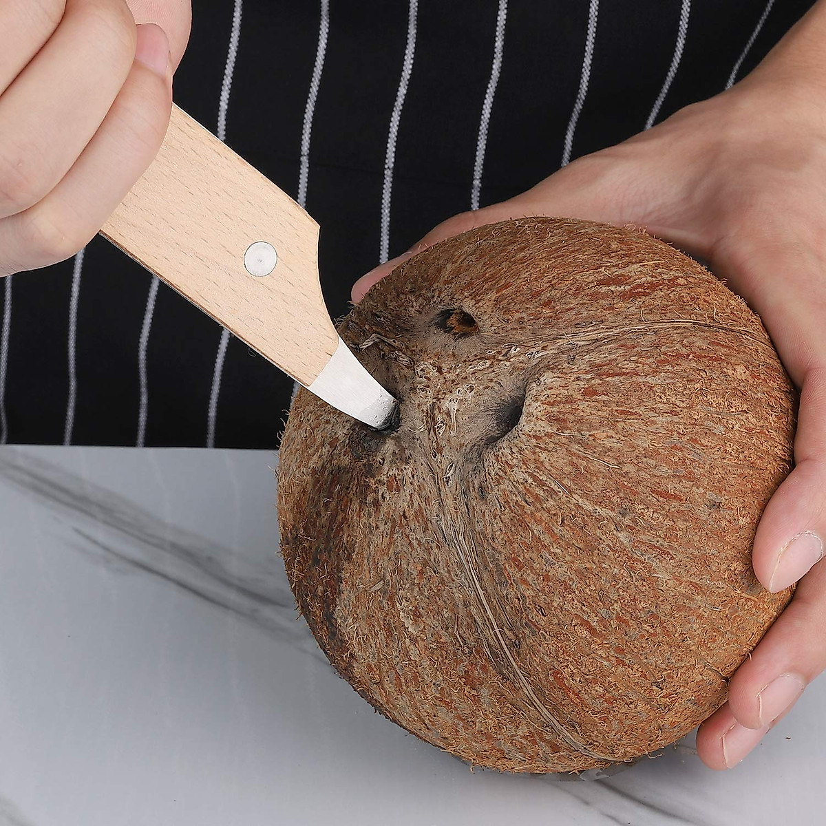 Coconut Opener Tool with Wooden Handle Stainless Steel Knife Opener Double Ended Coconut Cutter Kitchen Gadget Tools