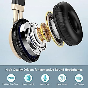 BASEMAN Wireless Bluetooth Headphones Over Ear, Long Battery Life Stereo Deep Bass Headset with Mic Wireless and Wired Headphones for iPhone Computer TF Card Slot Teens Boys Men Adults - Black Gold