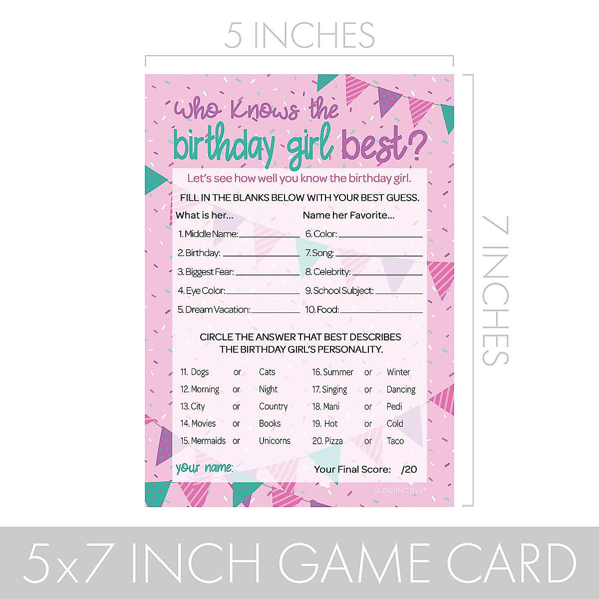 DISTINCTIVS Who Knows The Birthday Girl Best Party Game - 10 Game Cards - Girly Pink and Purple Tween Birthday Party Supplies