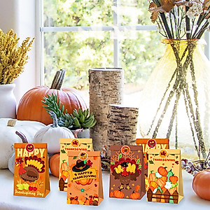 12 PCS Thanksgiving Gift Bags, Turkey Themed Paper Bags with 18 Stickers, Harvest Fall Goodie Bags Favors, Festive Pumpkin and Leaves Design, Treat Bags for Thanksgiving Day Autum Party Supplies