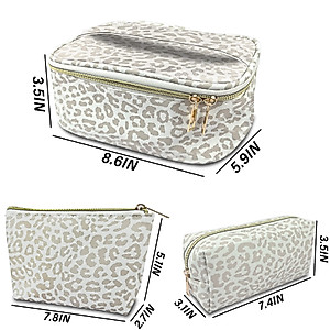 Deokke 3Pcs Makeup Bag,Travel Makeup Bag,Makeup Bags for Women,Makeup Brush Bag,Large Capacity PU Cosmetic Bag,Waterproof and Durable-Grey White Leopard Cheetah Pattern