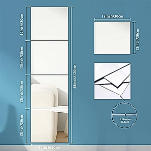 Socokici Shatterproof Full Length Wall Mirror,4Pcs Self Adhesive Acrylic 2MM Thick Mirror Tiles,12" x 12" Flexible Stick on Mirror,Non Glass Safety Mirror for Gym,Bedroom,Door,Bathroom