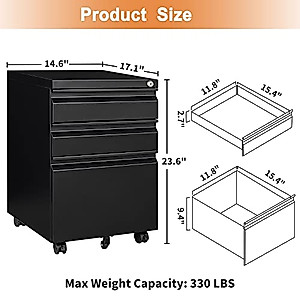 Letaya Mobile Metal File Cabinet,3 Drawer Vertical Under Desk Lockable Storage Office Cabinets,Organizer Letters/Legal/A4(Fully Assembled Except Casters)
