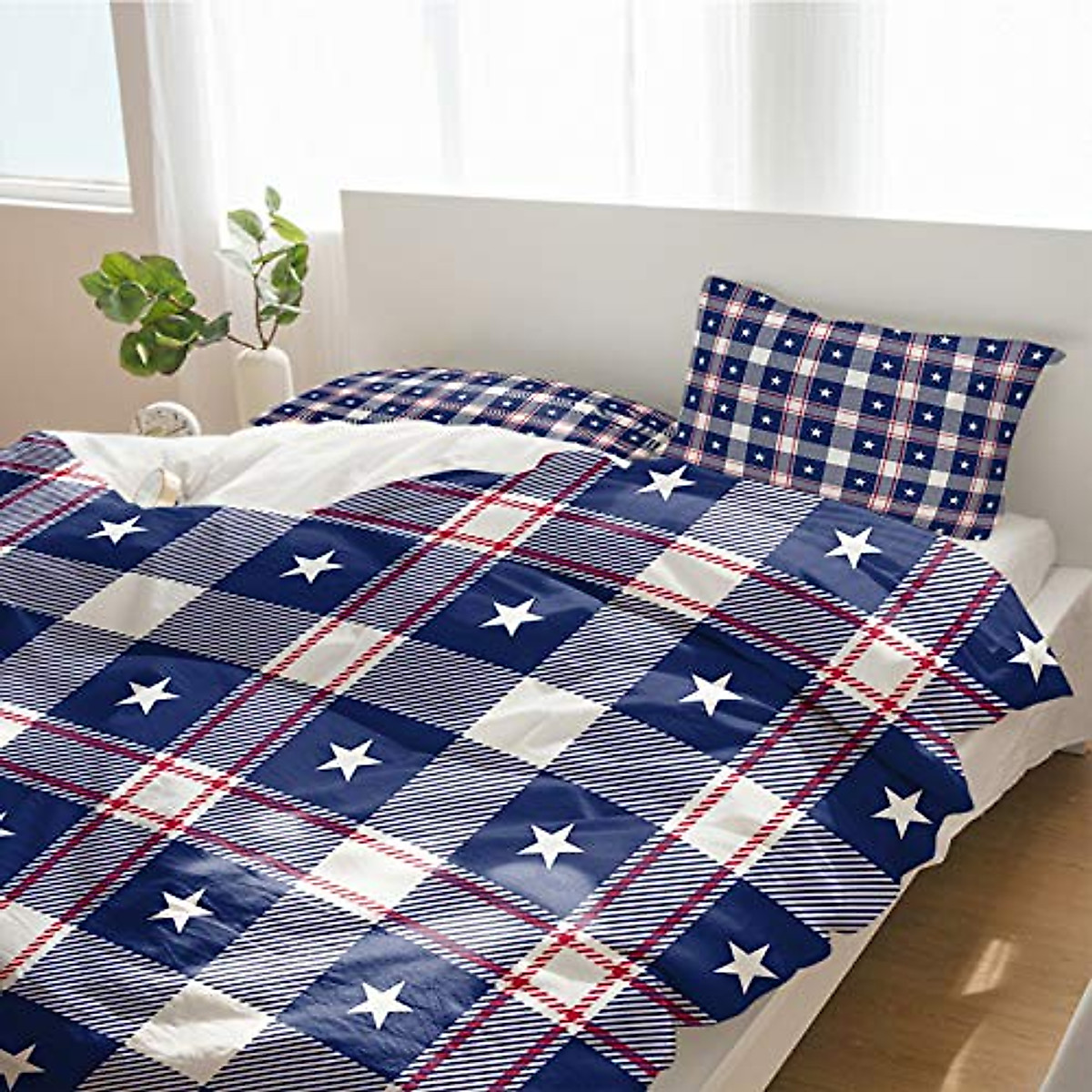 Duvet Cover Sets Independence Day Red White Blue Tartan,3 Pieces Bedding Set Ultra Soft Microfiber Quilt Covers and Pillowcase for Bedroom,USA Flag Star and Stripe Bed Set All Seasons Use