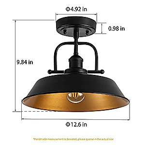 WNOMDY Industrial Metal Semi Flush Mount Ceiling Light Fixture,Farmhouse Lamp Black and Gold Close to Ceiling Light for Hallway Entryway Foyer Kitchen Island Living Room Bedroom,E26,12.6in