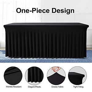 BDDC Table Skirts for Rectangle Tables 6ft - One-Piece Black Table Covers for 6 Foot Tables, Wrinkle Resistant Ruffles Elastic Table Cover and Table Skirt for Banquets, Weddings, Parties