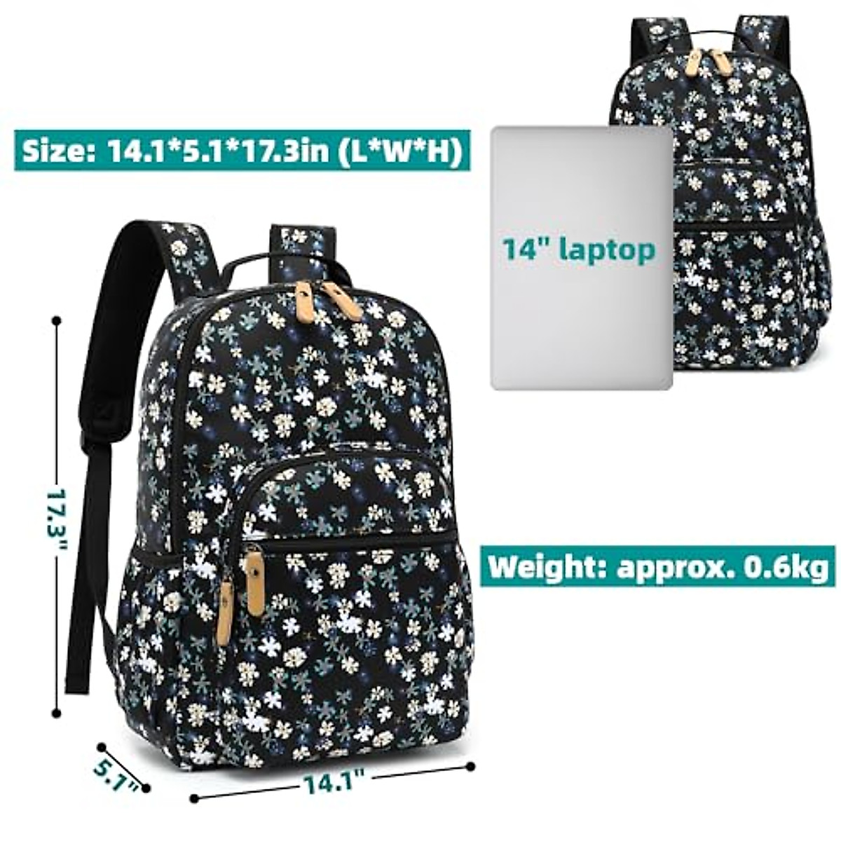 Leaper Water-resistant Floral Laptop Backpack Travel Bag Bookbags Satchel (White-Sunflower)