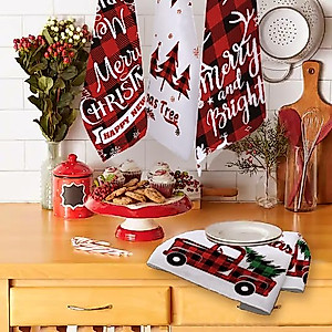 Miryoku Christmas Kitchen Towels Dish Towels Set of 4 Red White Merry Christmas Black Red Plaid Xmas Holiday Decorative Dishcloths Tea Towels for Home Decorations