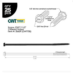 Ozco Building Products 56629 1/4-inch by 7 1/2-inch OWT Timber Screws (25 per Pack) , Black