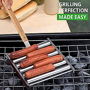 KAYCROWN Hot Dog Roller Stainless Steel Sausage Roller Rack with Extra Long Wood Handle, BBQ Hot Dog Griller for Evenly Cooked Hot Dog, 5 Hot Dog Capacity
