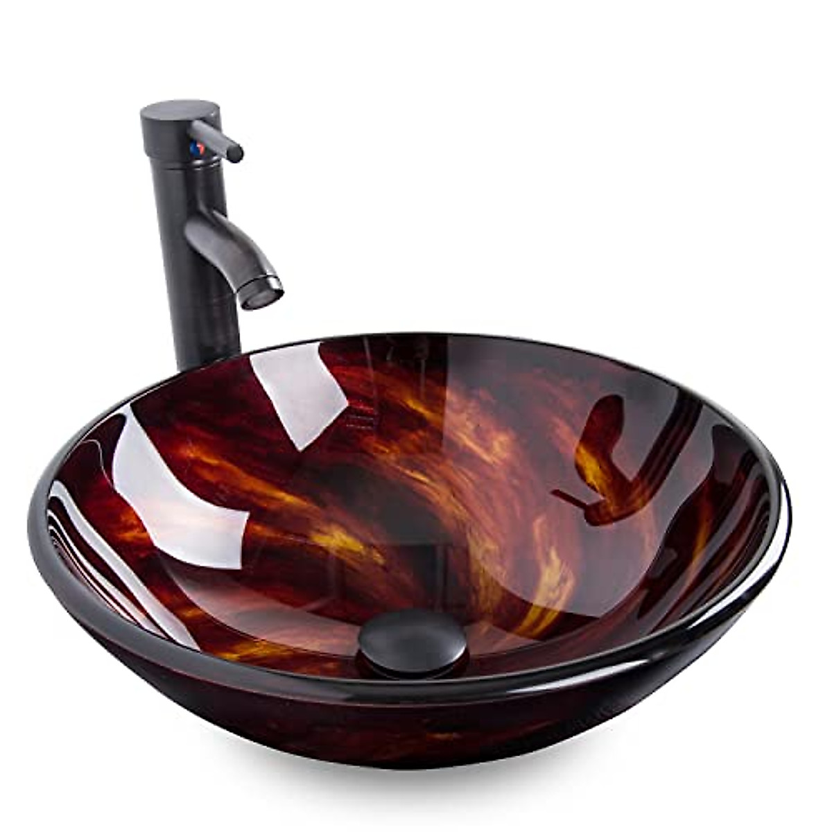 Puluomis Artistic Vessel Sink Bathroom Tempered Glass Vanity Round Bowl with Oil Rubber Bronze Faucet and Pop up drain Combo, Flame Red
