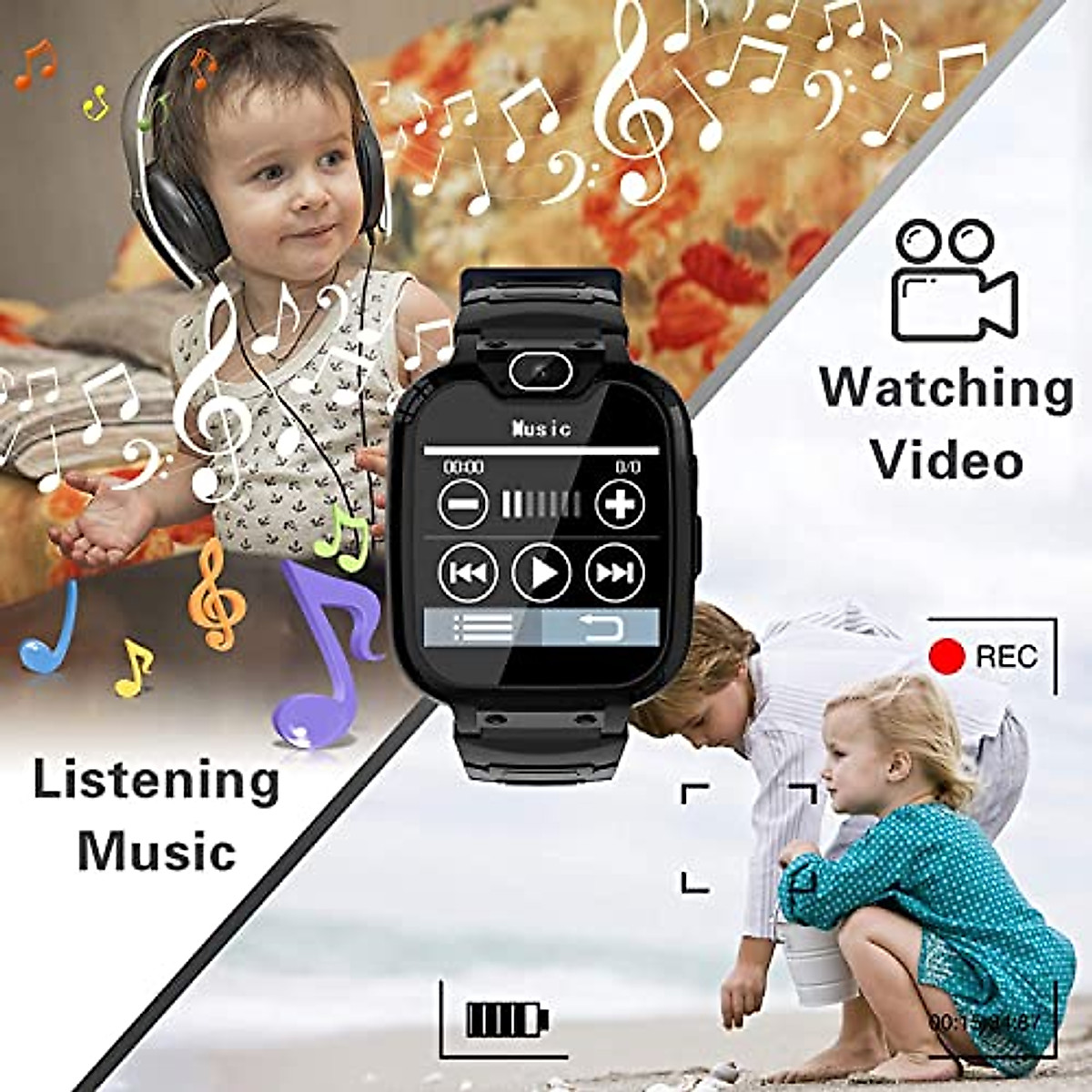 Kids Smart Watch with Camera Games Pedometer Video/Music Player Flashlights Calculator Alarm Clock Children Touch Screen Toy for Boys,Girls Age 4-12(Black)