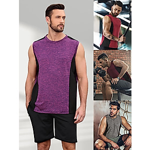 AMVELOP 4 Pack Men's Workout Tank Tops Sleeveless Quick Dry Gym Muscle Shirts Darkgray Navy Red Purple M